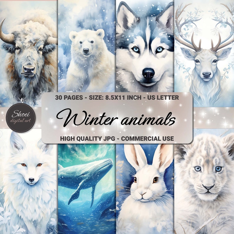 Printable Winter Animals Digital Paper, 30 Pages 8.5x11 Size for Junk ...