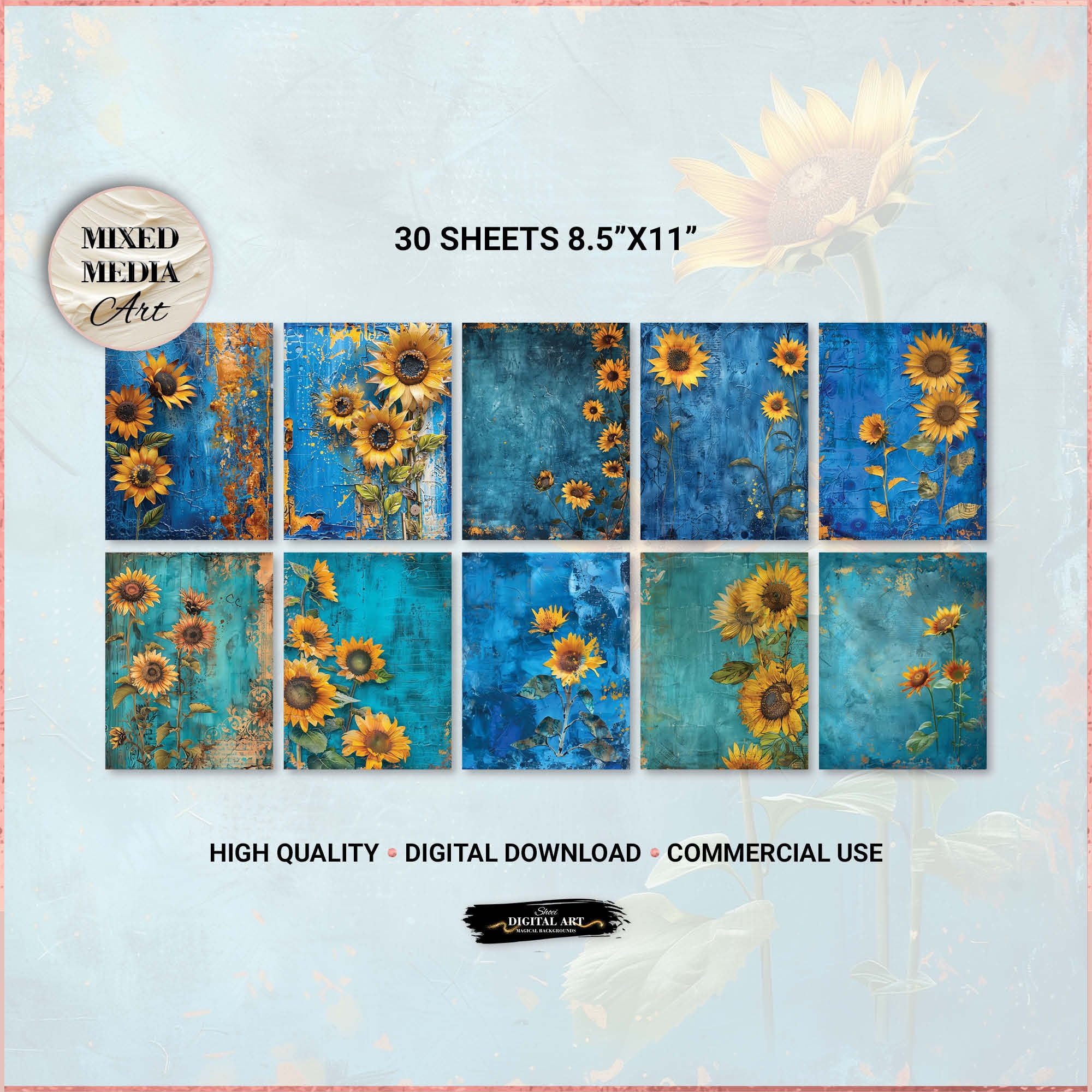 Sunflowers Theme Blue Yellow Digital Paper, 30 Pages 8.5X11 Size for ...