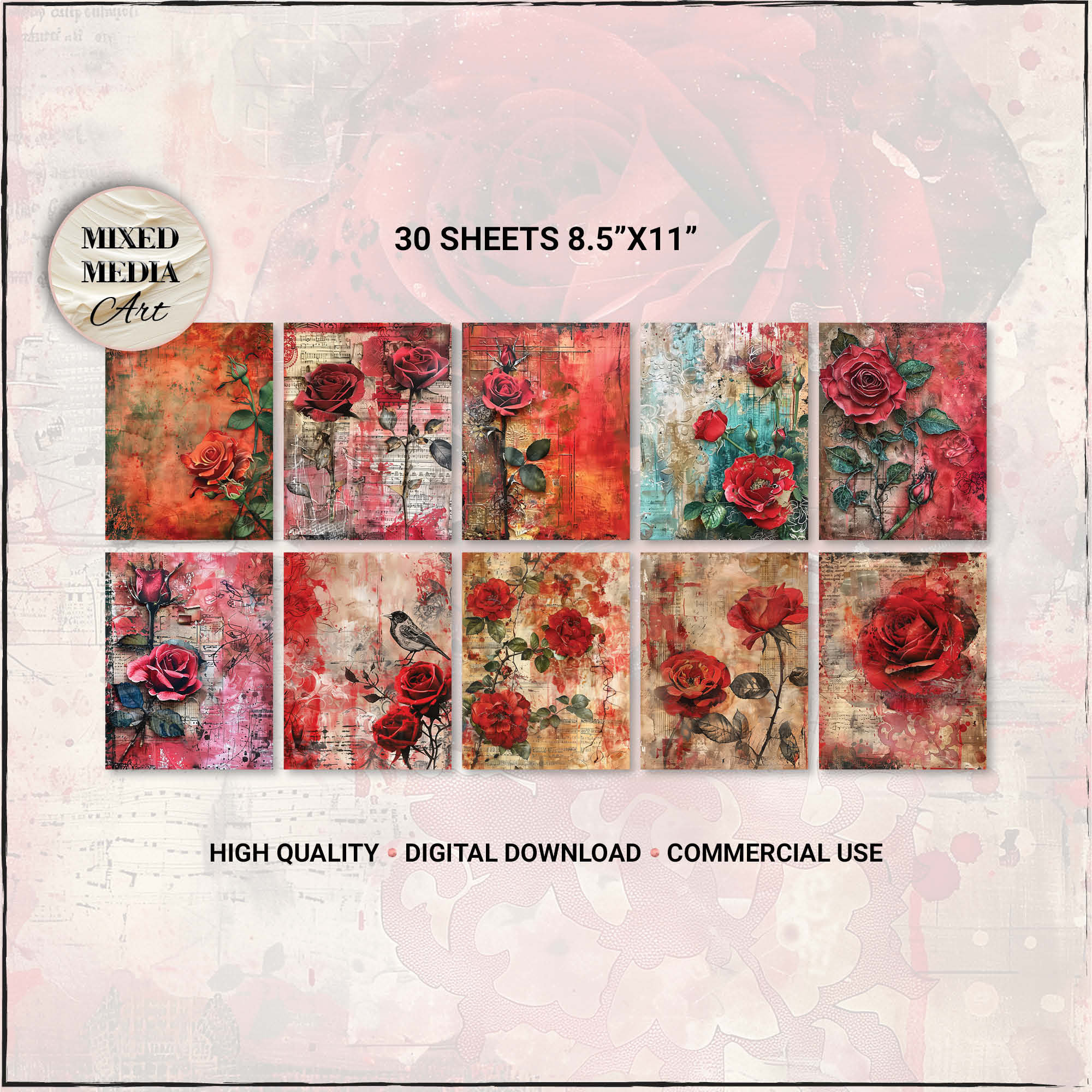 Printable Red Rose Vintage Digital Paper, 30 Pages 8.5X11 Size for Junk ...