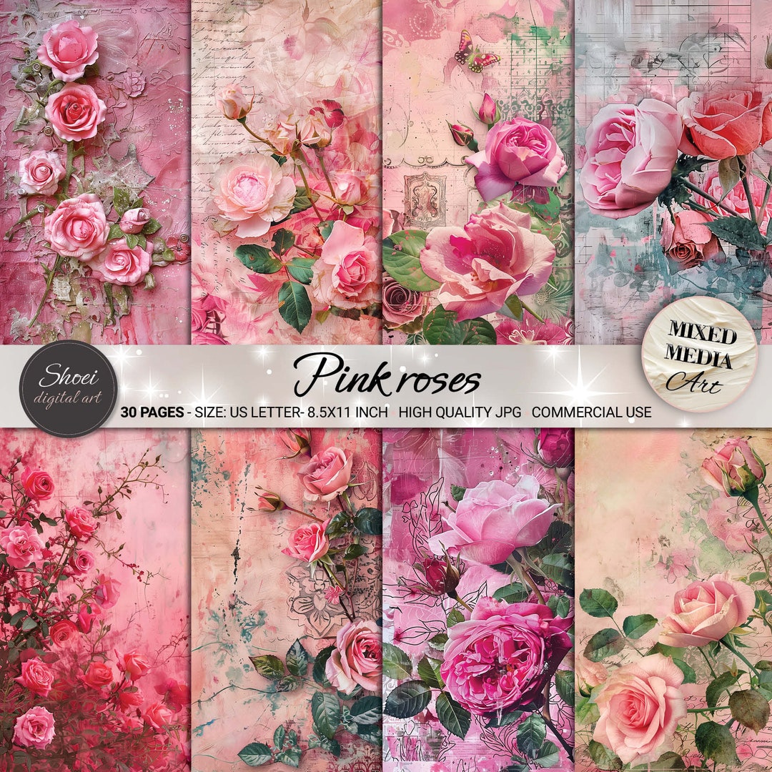 Pink Roses Digital Papers - 30 Romantic Floral Designs, Mixed Media Art ...