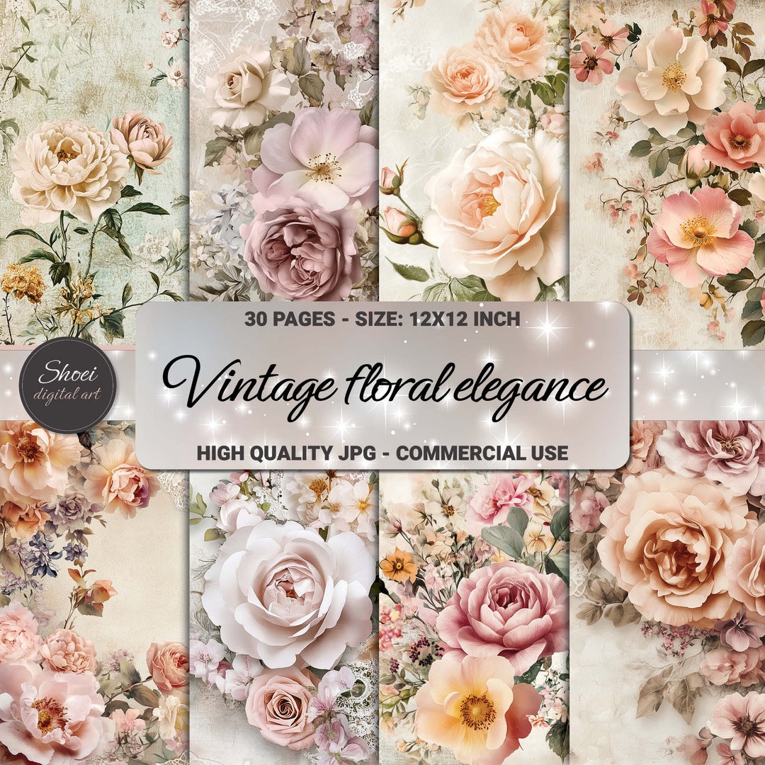 Vintage Floral Elegance Digital Paper Collection - 30 High-resolution ...