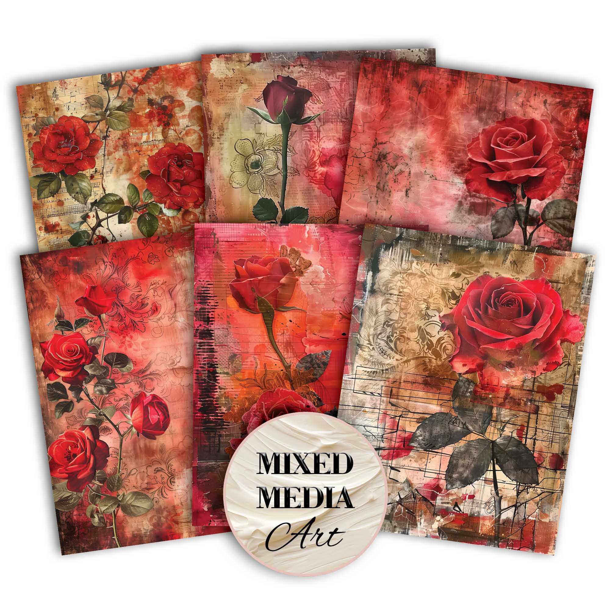 Printable Red Rose Vintage Digital Paper, 30 Pages 8.5X11 Size for Junk ...