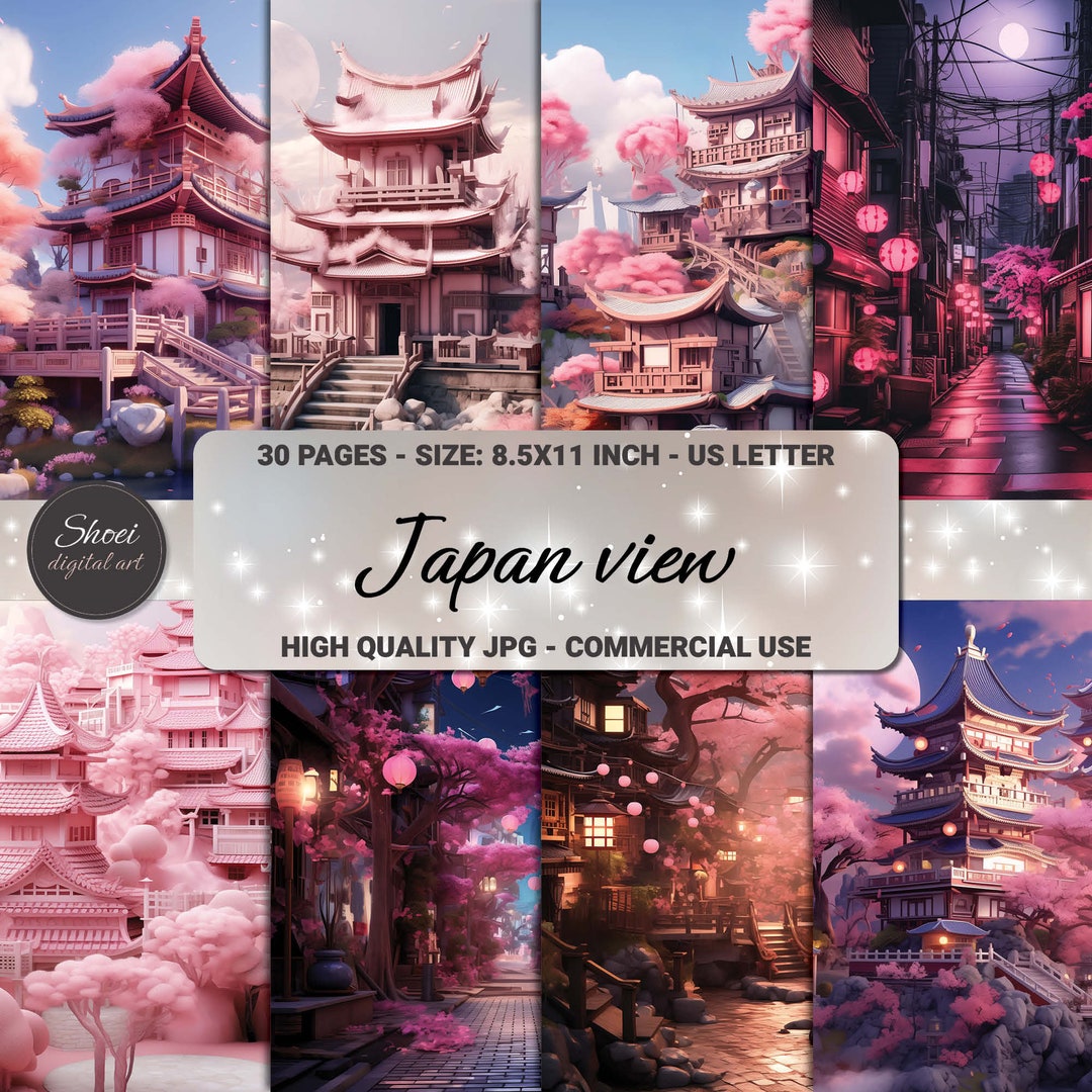 Printable Japan View Pink Digital Paper, 30 Pages 8.5x11 Size for Junk ...