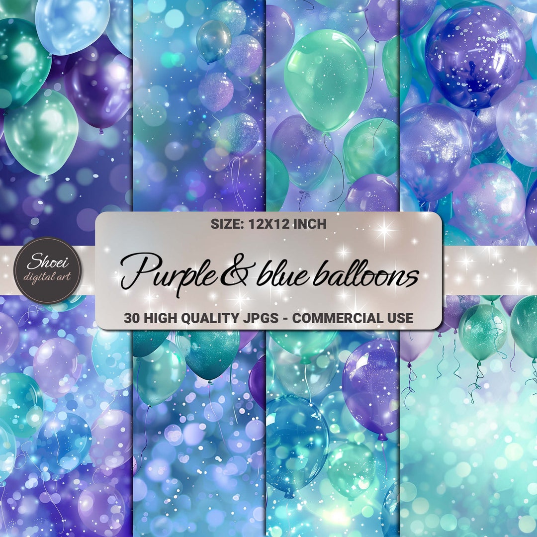 Purple Blue Balloon Digital Paper: Glitter Party Backgrounds (12x12 ...
