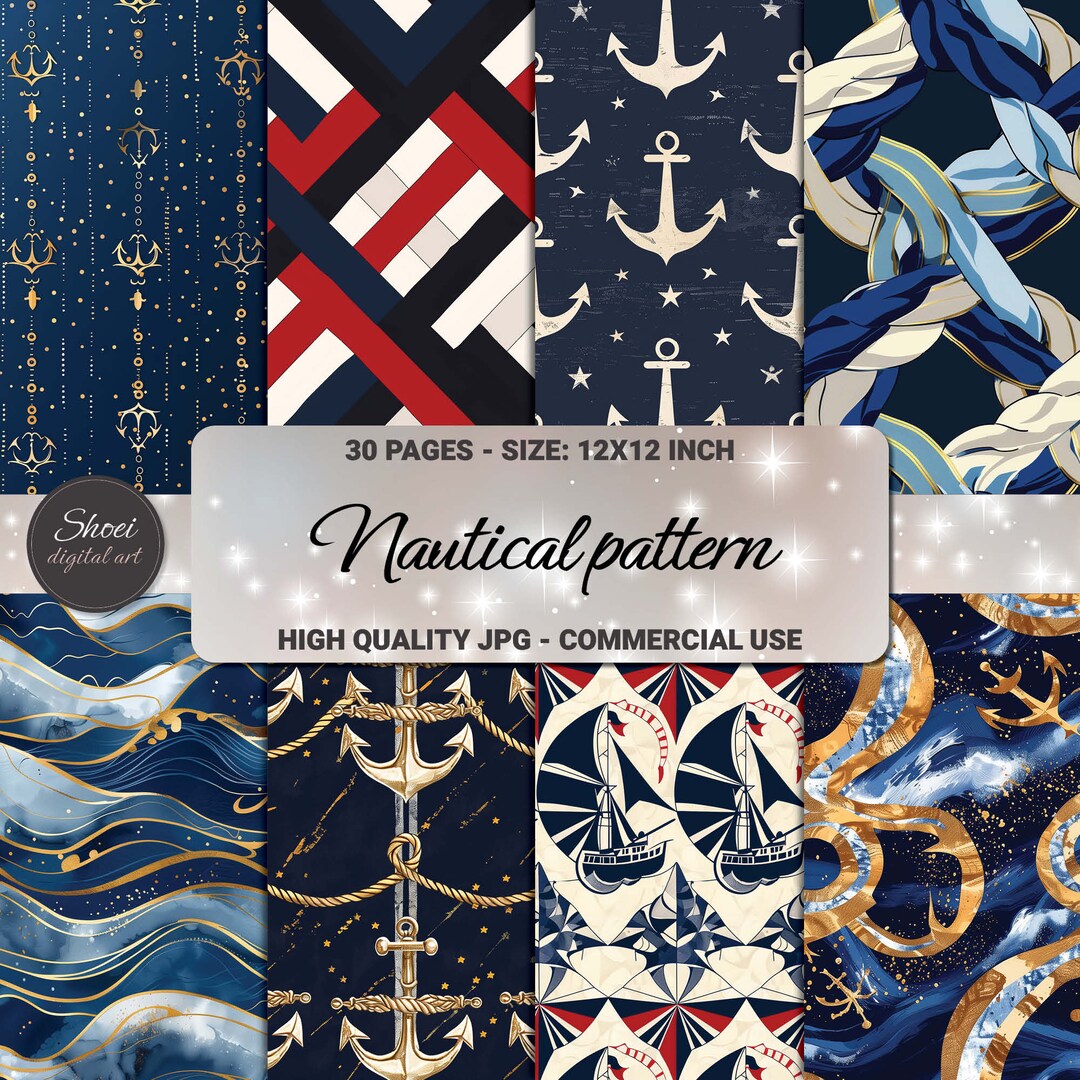 Nautical Digital Paper 12x12, Anchor Scrapbook Paper Pack, Maritime ...
