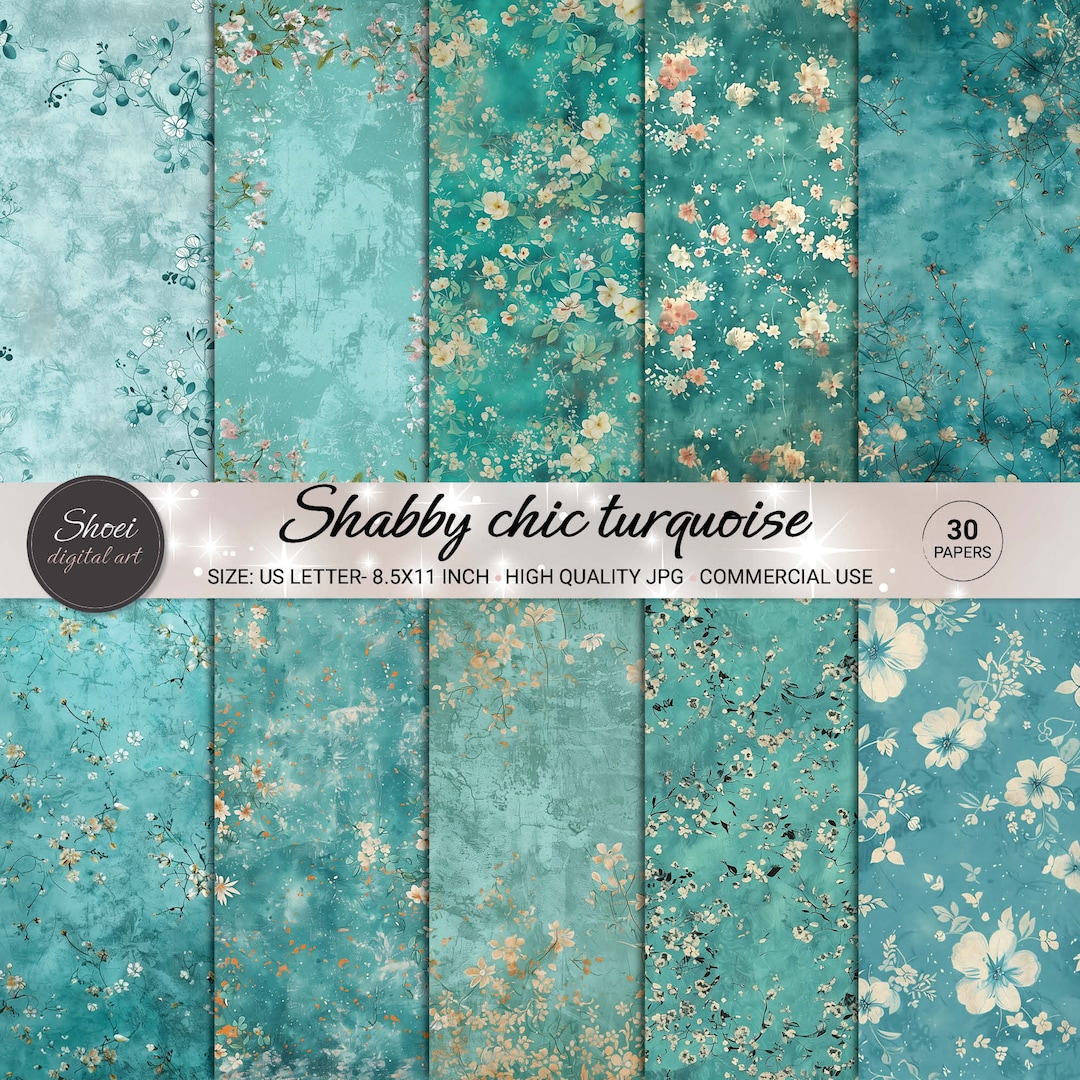 Shabby Chic Turquoise Floral Digital Paper: 8.5x11 Scrapbooking (JPG ...