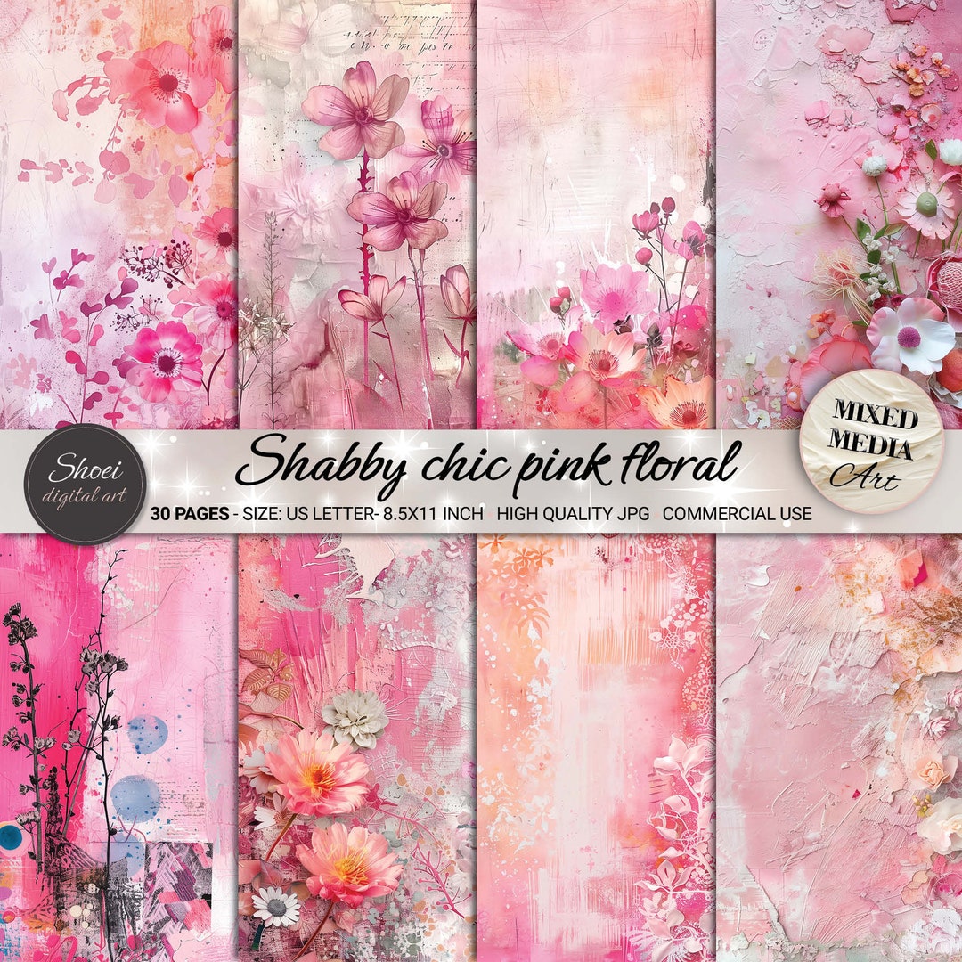 Vintage Pink Floral Shabby Chic Digital Paper Collection for Junk ...