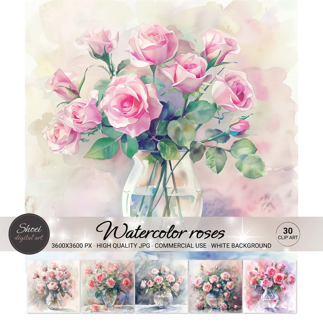 32 Vase Roses Flowers Clipart JPG Digital Paper, Scrapbook, Card Making ...