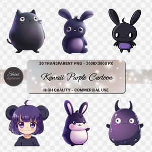 Kawaii Purple Animal Clipart PNG Set: Chibi Bunny, Cat & Monster ...