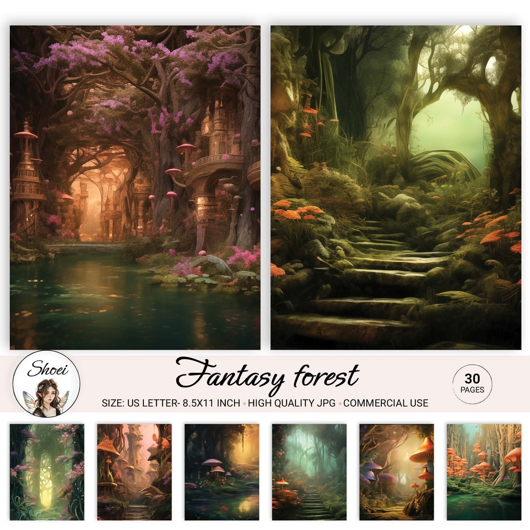 Printable Fantasy Forest Digital Paper, 30 Pages 8.5x11 Size for Junk ...
