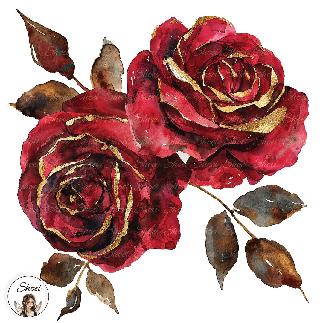 32 Dark Red Rose Watercolor Pink CLIPART JPG for Art and Craft, Digital ...