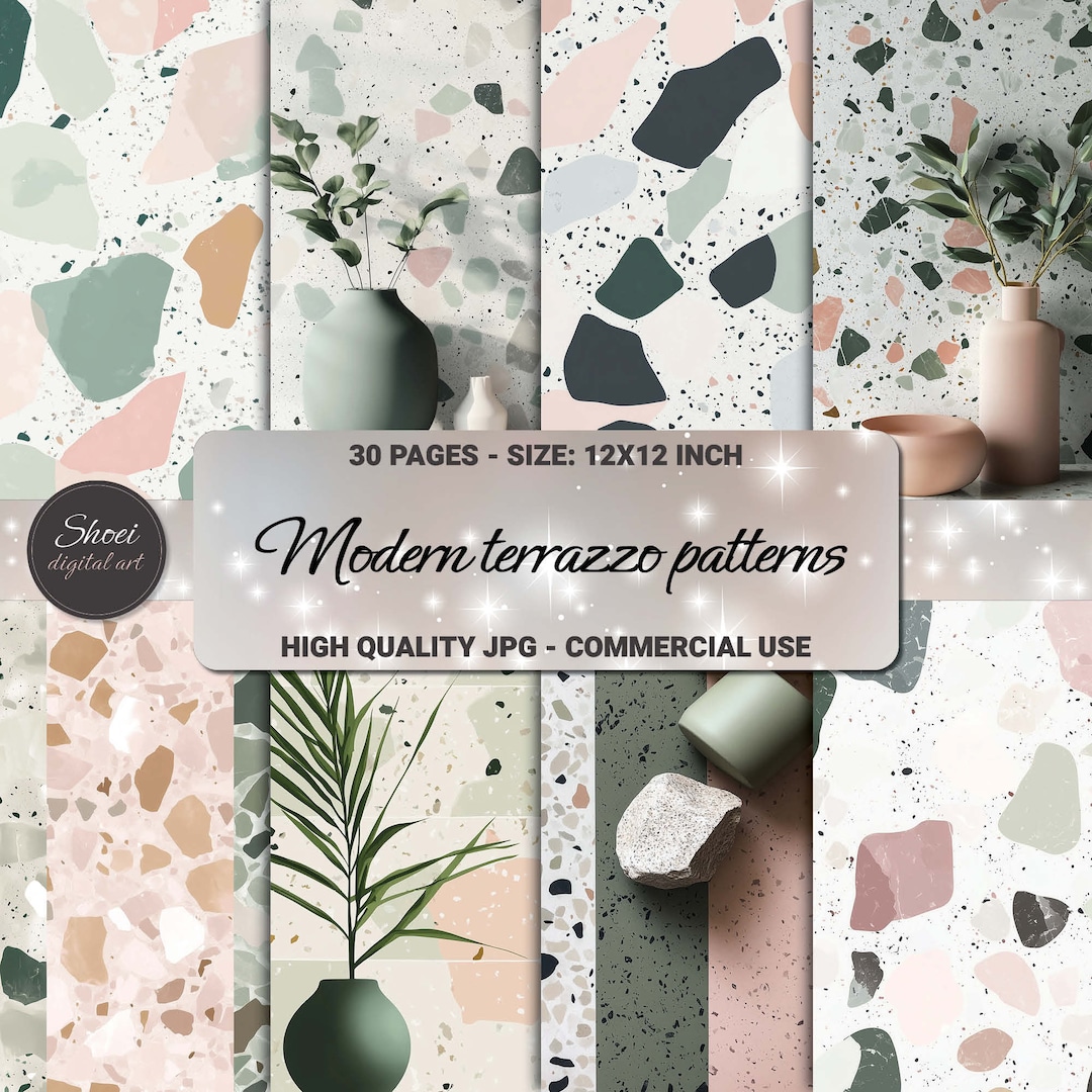 Terrazzo Pattern Digital Paper Pack: 12x12 Neutral Stone Backgrounds ...