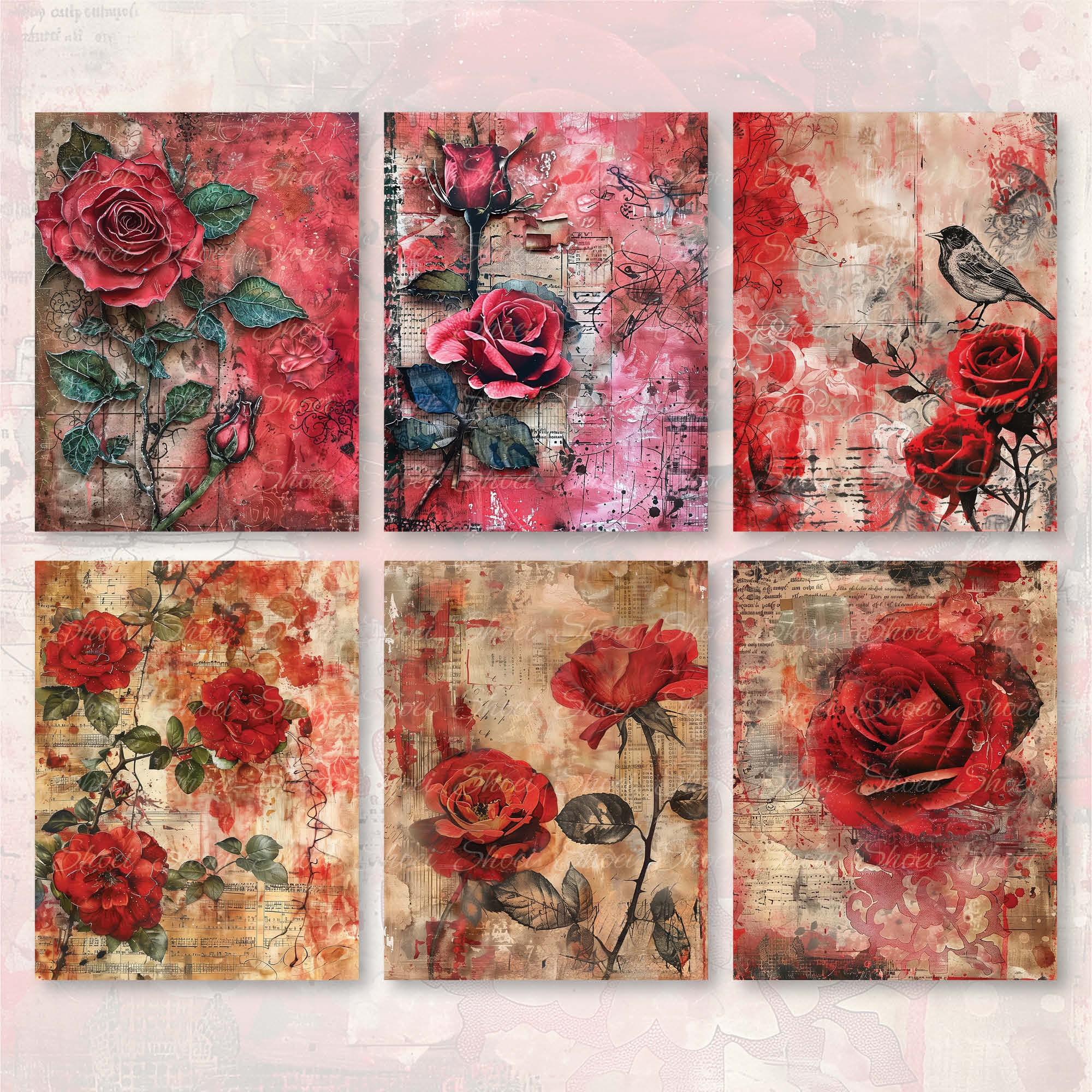 Red Roses Digital Paper: 30 Vintage Floral Designs (8.5x11, Commercial ...
