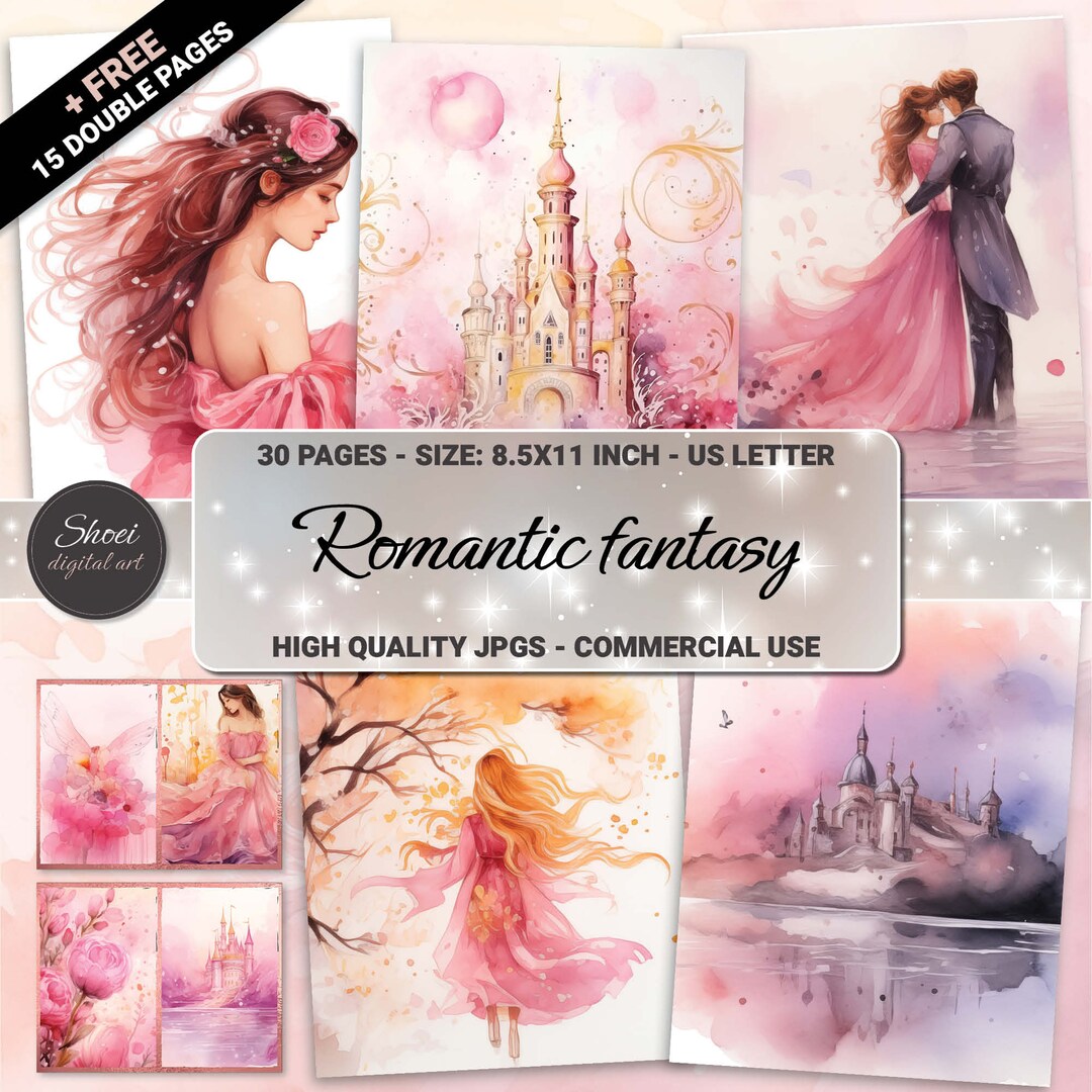 Watercolor Romance Fantasy Art: Castle, Floral Digital Paper (digital ...