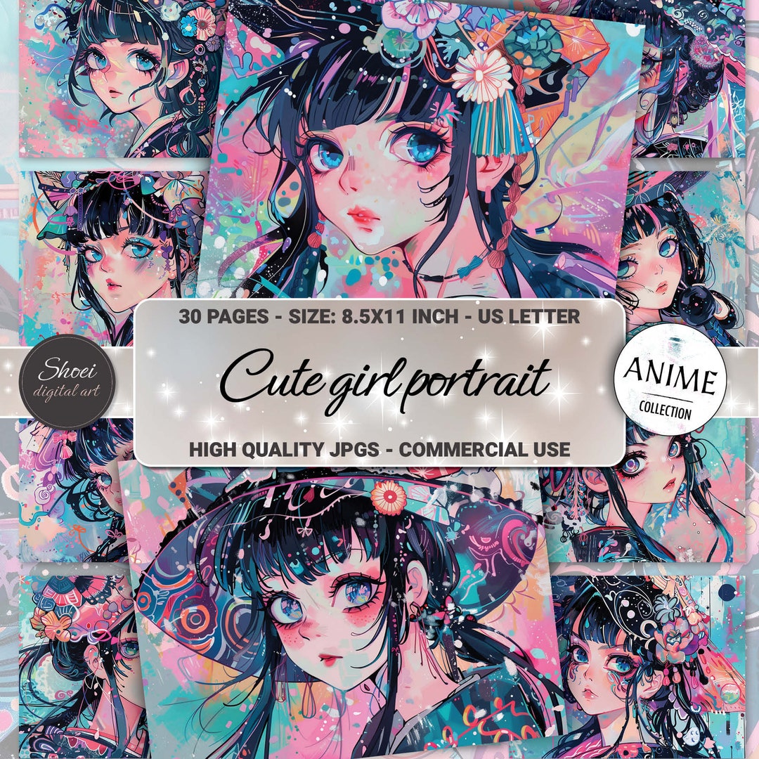 Anime Girl Portrait Digital Paper: Kawaii Scrapbooking, 30 Pages ...