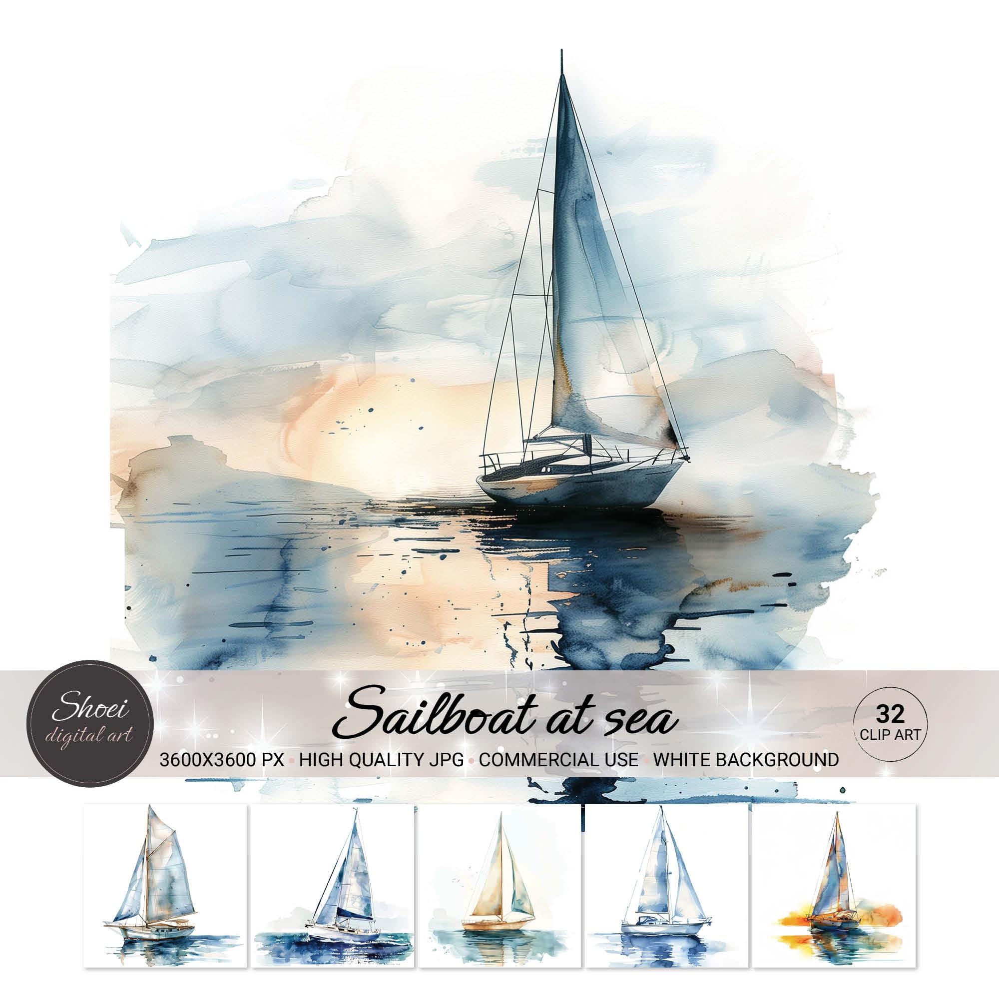 32 Sailboat at Sea Watercolor Clipart Collection Art and Craft Digital ...