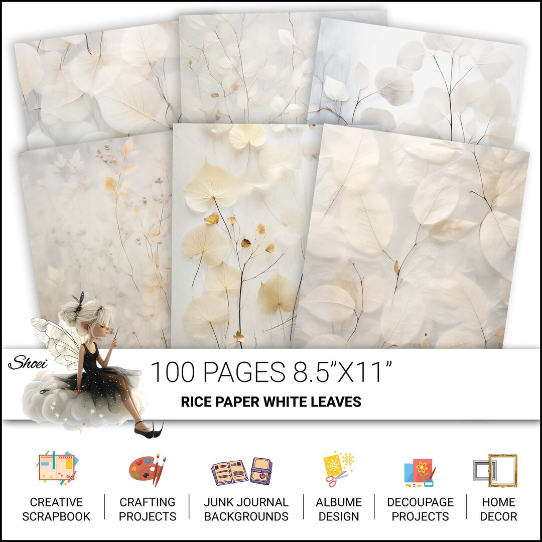100 Printable White Leaves Mulberry Rice Digital Paper 8.5X11 for Junk ...