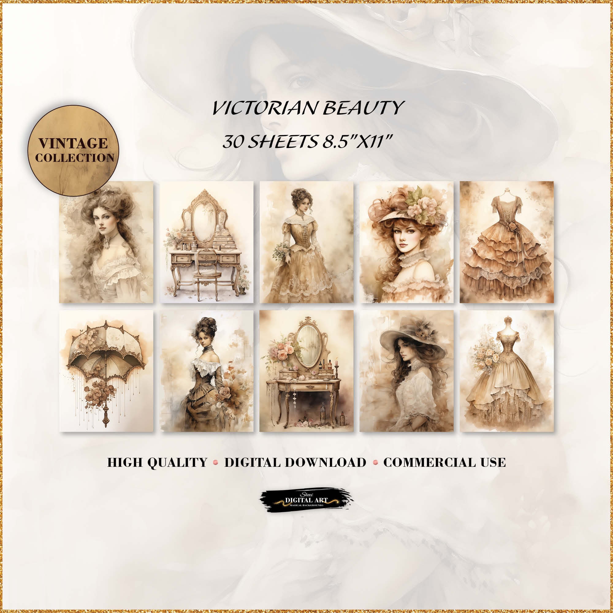 Vintage Victorian Beauty Digital Paper, 30 Pages Portrait Size for Junk ...