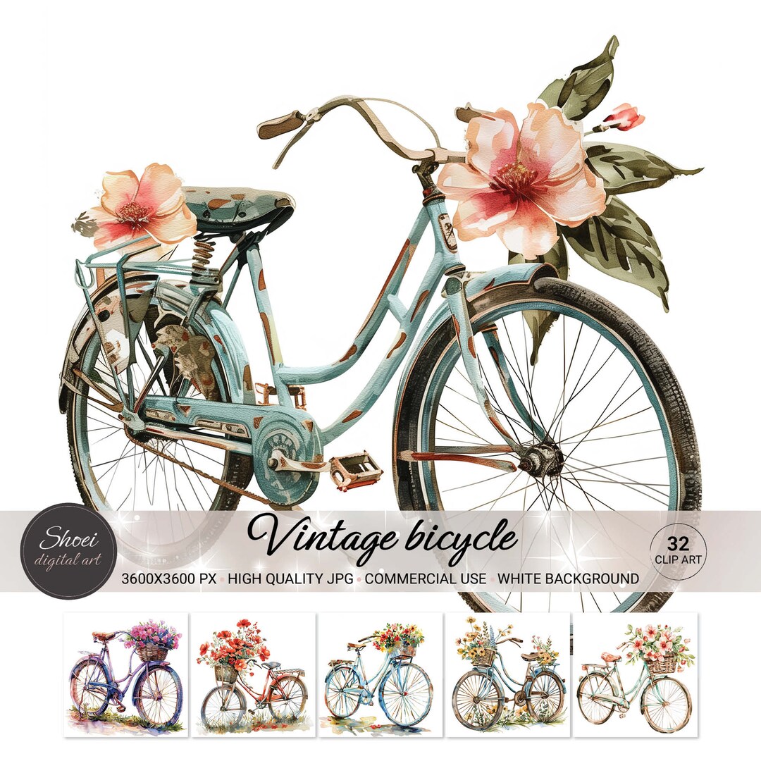 Watercolor Bicycle Clipart: Vintage Bike With Flowers (32 JPG ...
