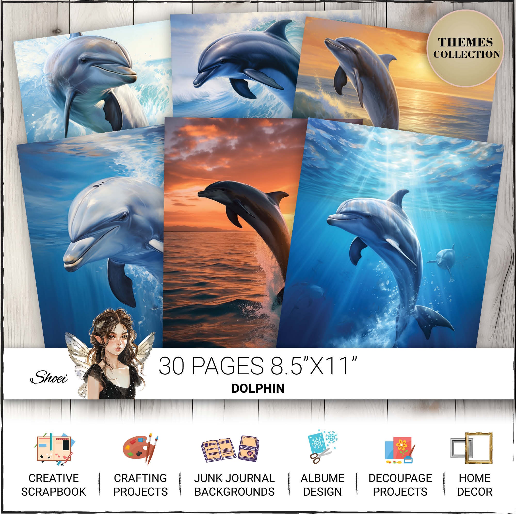 Dolphin Digital Paper, 30 Pages Portrait Size for Junk Journal ...