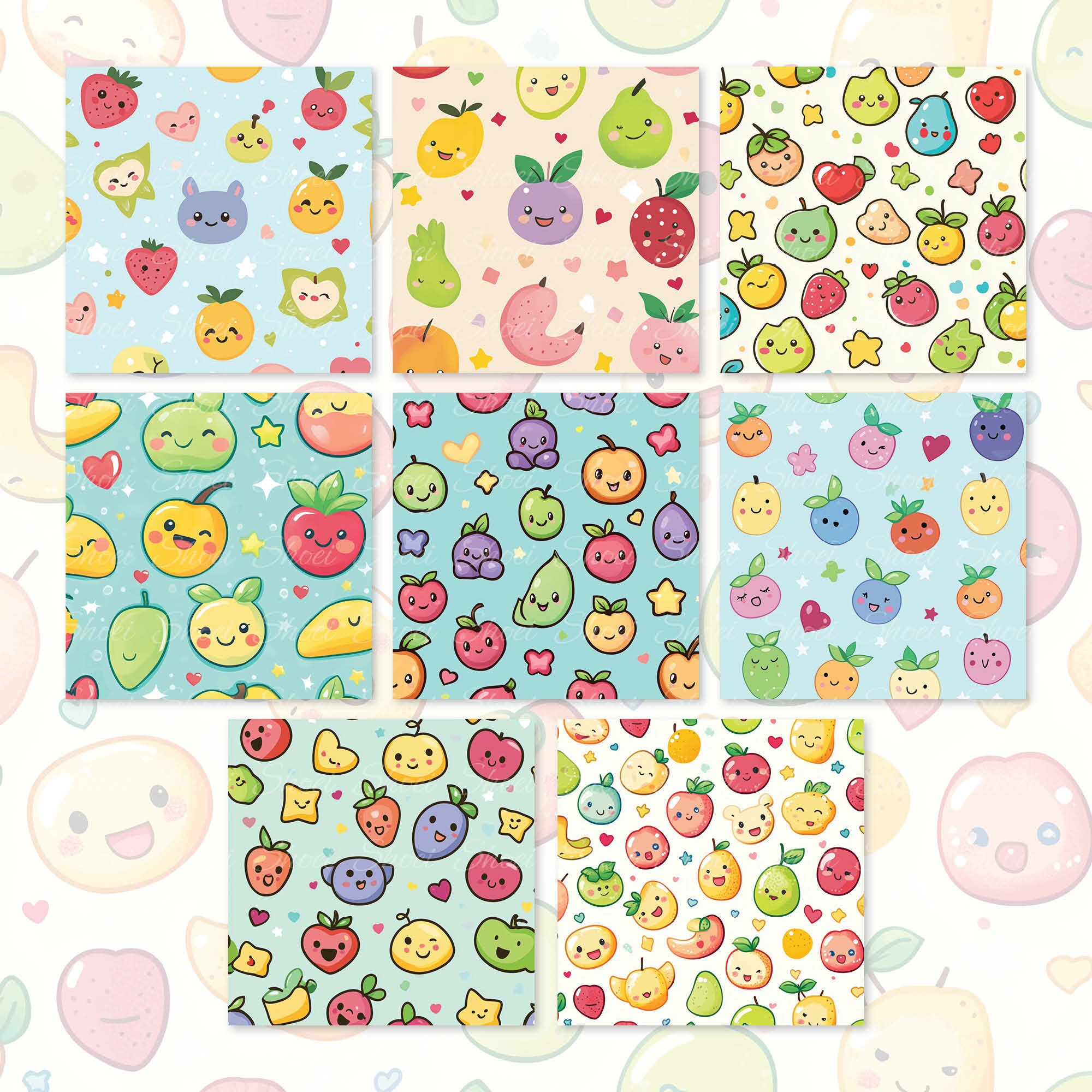Kawaii Cute Smiling Fruits Digital Paper Collection 30 Pages 12x12 for ...