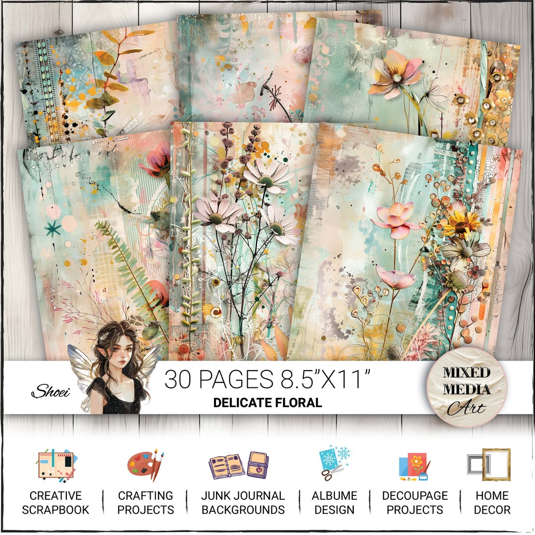 Printable Whimsical Floral Digital Paper, 30 Pages 8.5X11 Size for Junk ...