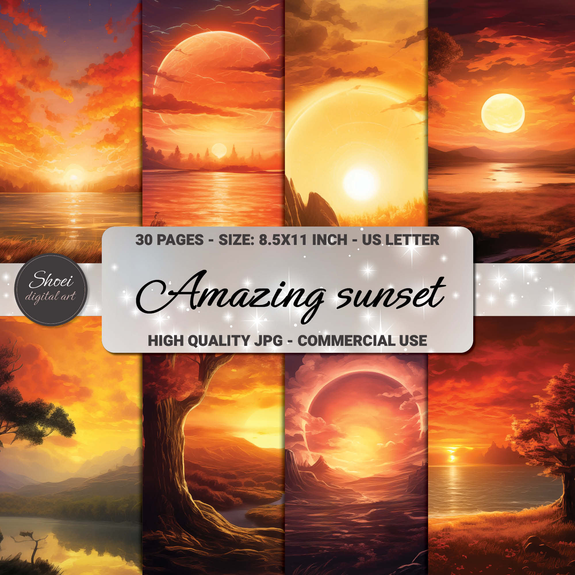 Printable Amazing Sunset Digital Paper, 30 Pages 8.5x11 Size for Junk ...
