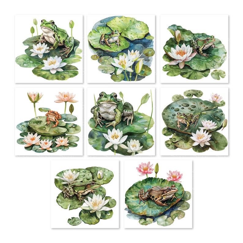 Watercolor Frog Pond Clipart: Botanical Lily Pad Art (32 JPG ...