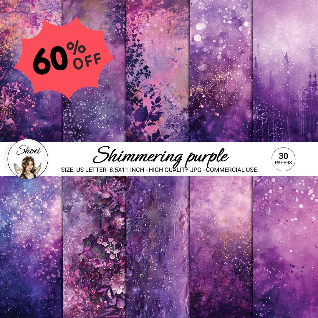 Printable Purple Magical Shiny Digital Paper, 30 Pages 8.5X11 Size for ...