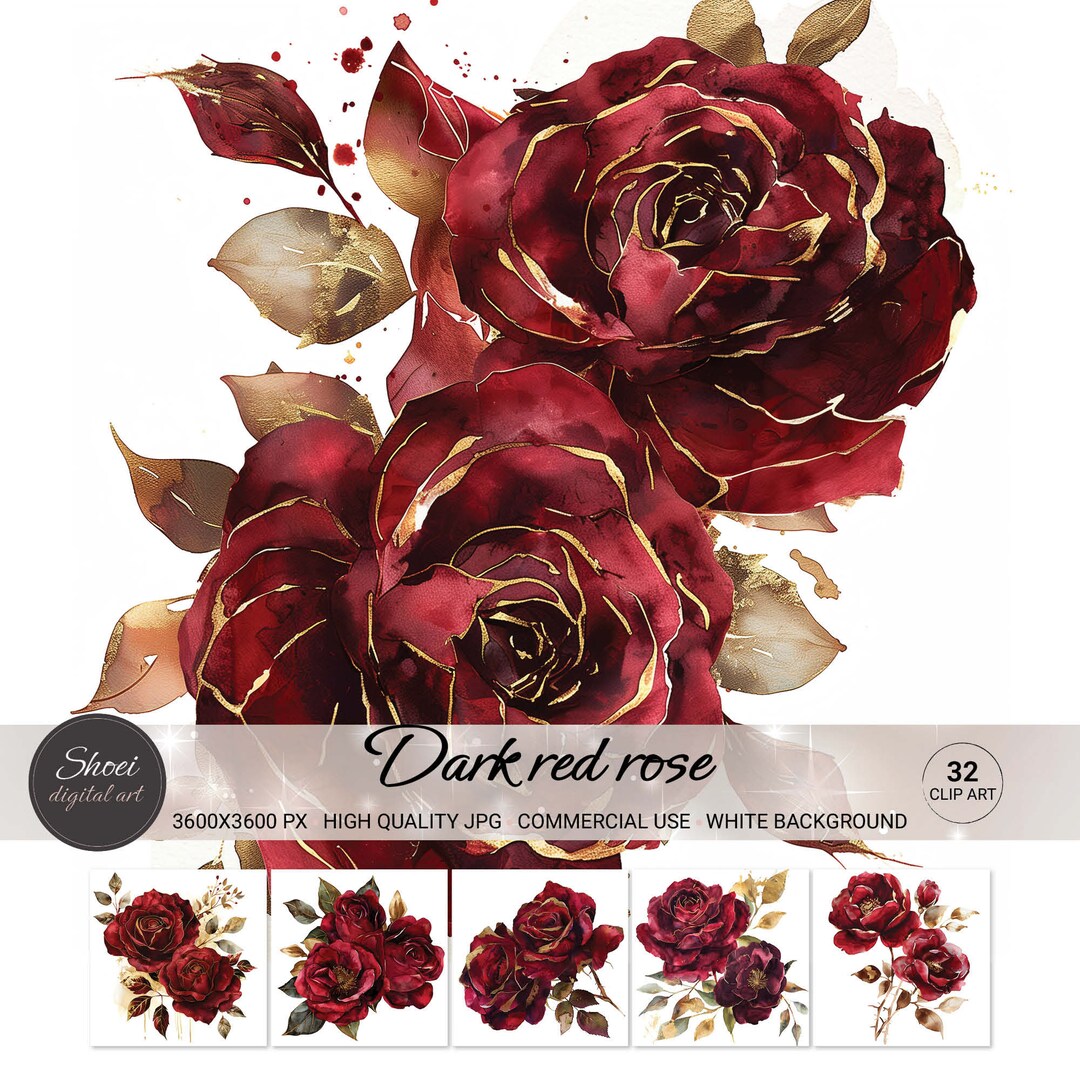 32 Dark Red Rose Watercolor Pink Clipart Bundle - Perfect for Art and ...