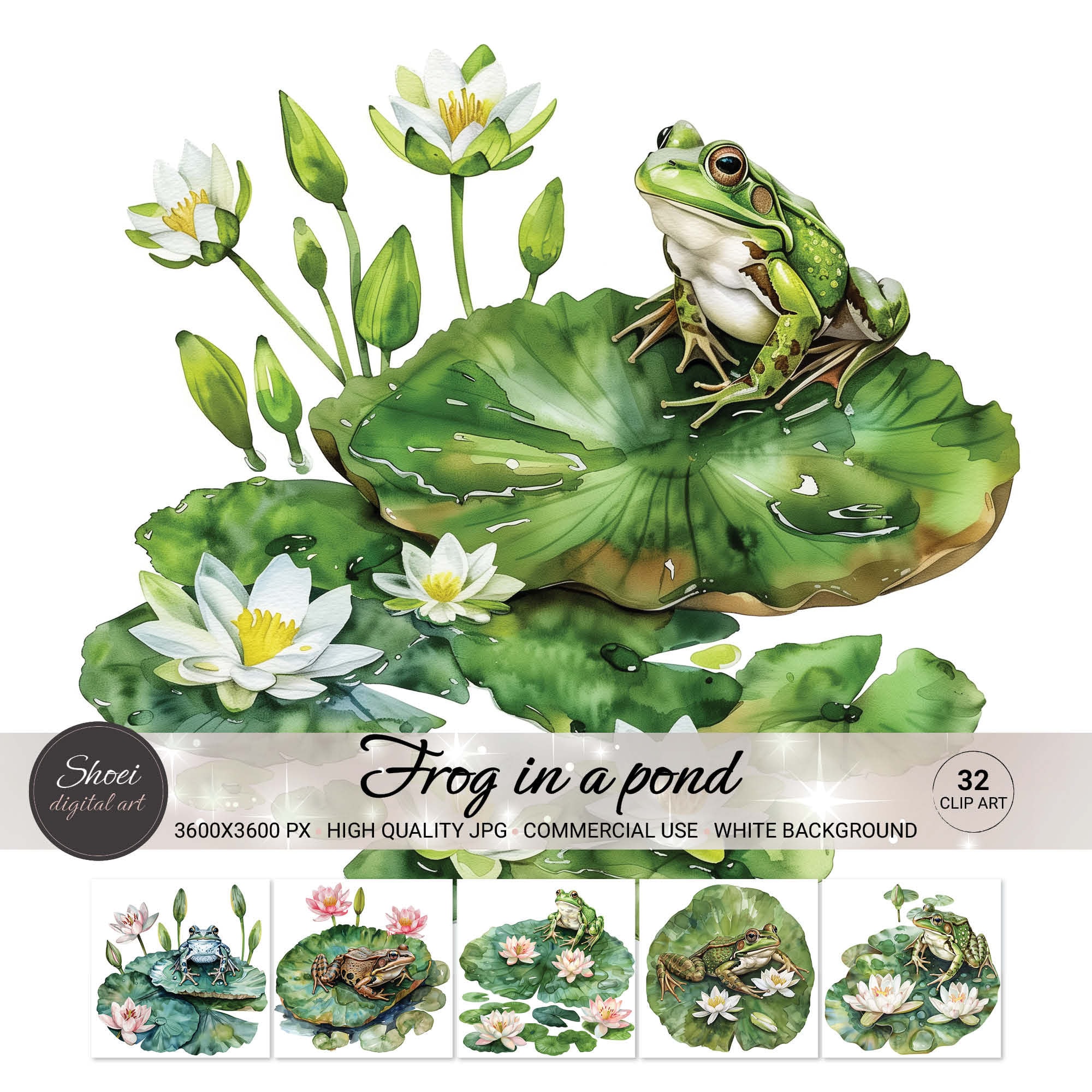 Watercolor Frog Pond Clipart: Botanical Lily Pad Art (32 JPG ...