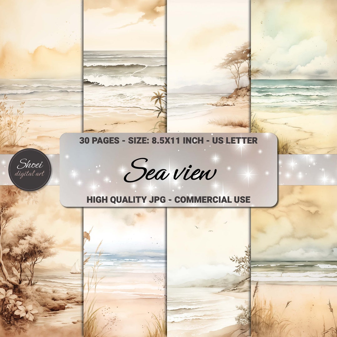Sea View in Sepia Colors Digital Paper, 30 Pages Portrait Size for Junk ...