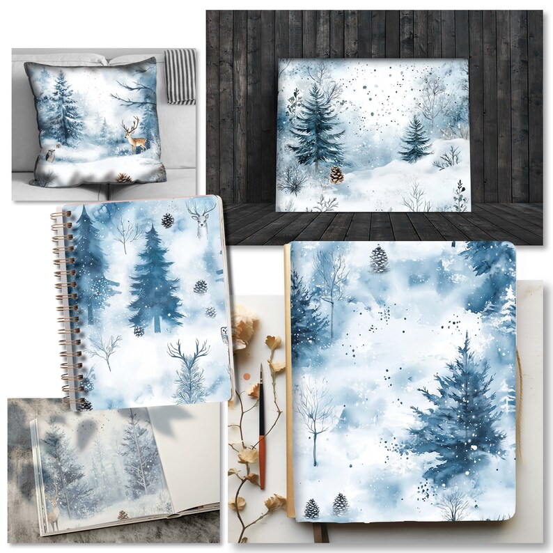 Watercolor Winter Forest Digital Paper: 30 Page Christmas Collection ...
