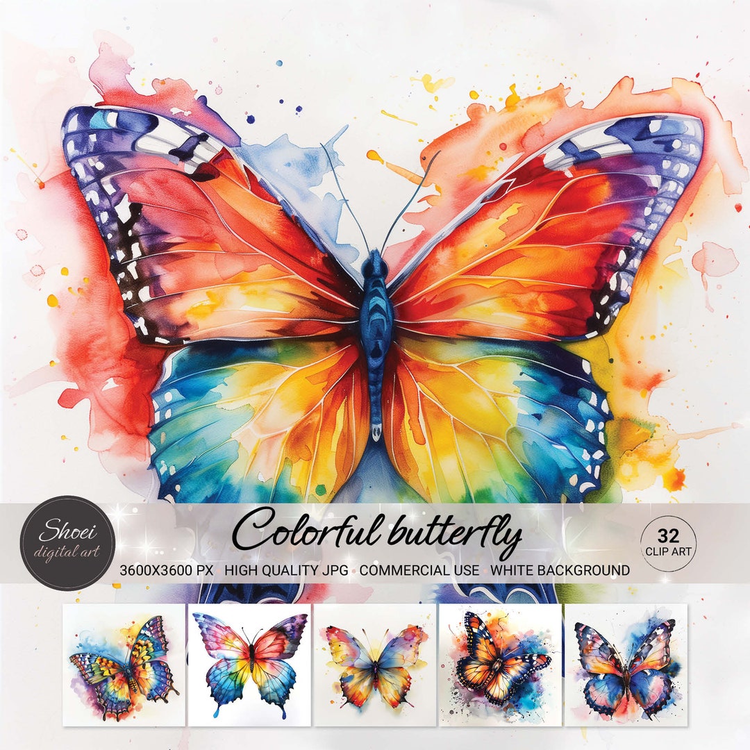 Watercolor Butterfly Clipart: Rainbow Butterfly Art, Scrapbook (JPG ...