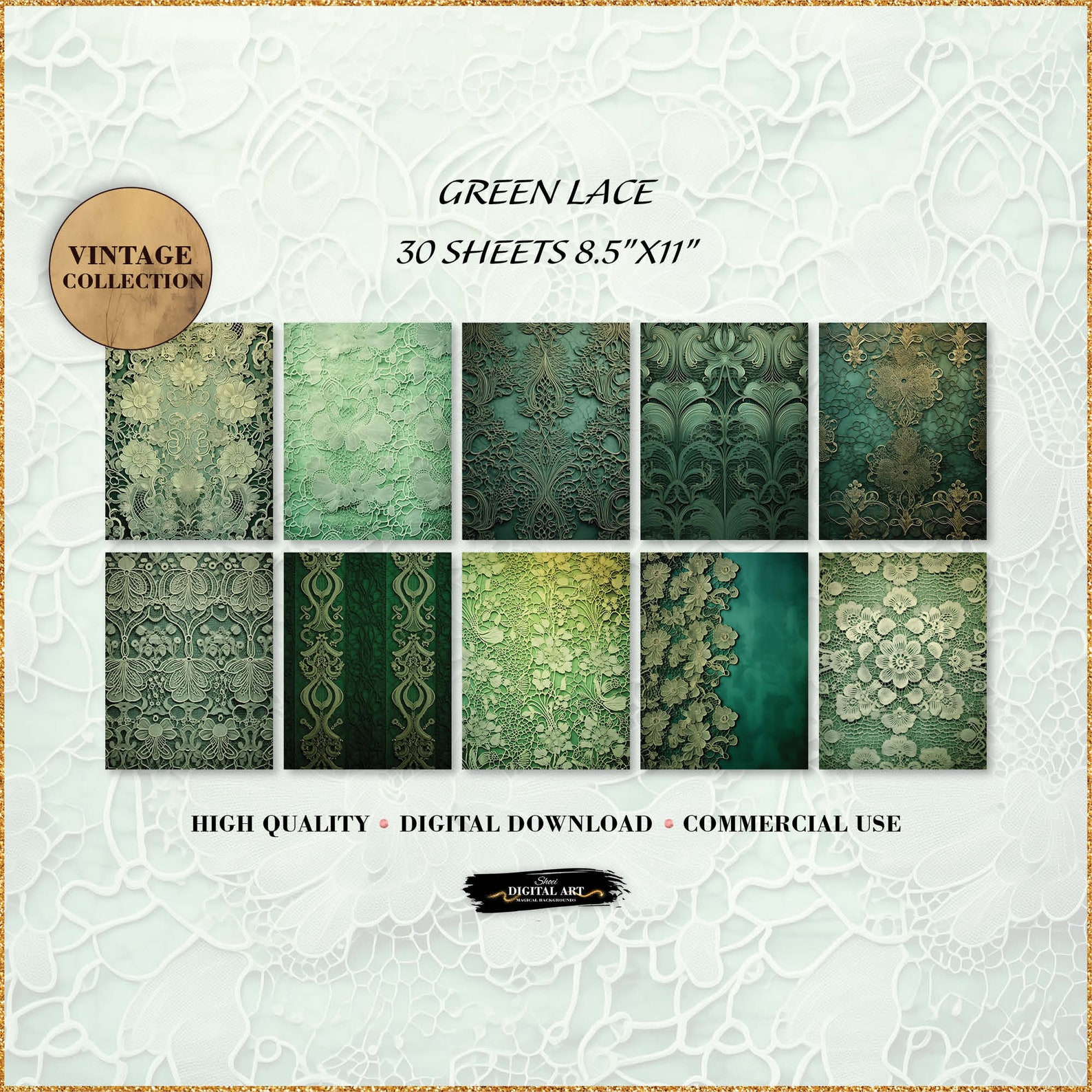 Green Vintage Lace Digital Paper for Junk Journal Kit, Mixed Media Art ...
