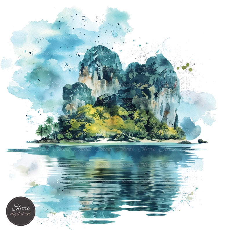 Tropical Island Clipart: Watercolor Beach Landscape Art (32 JPG Digital ...