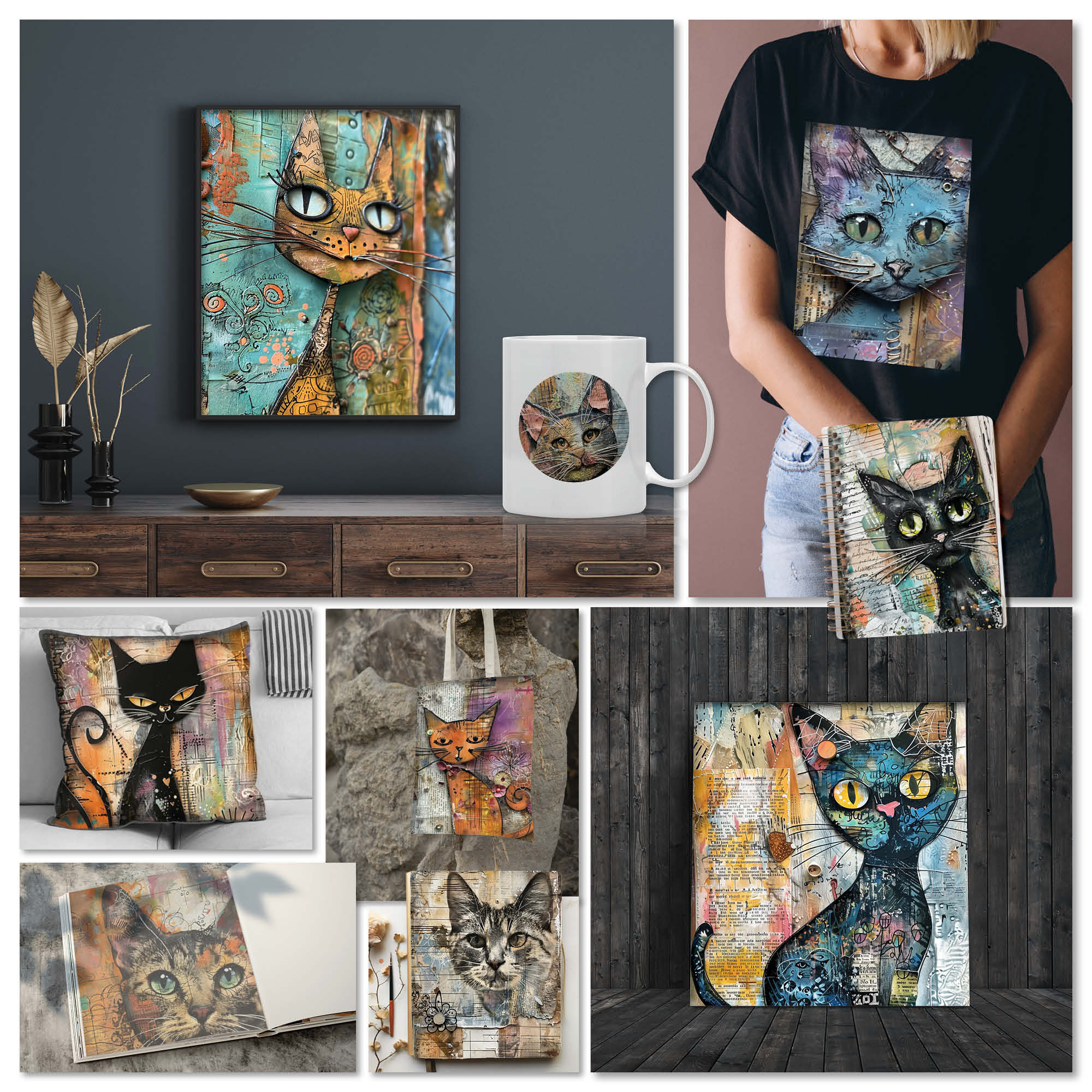 Whimsical Cat Collage Pack Digital Paper, 30 Pages Portrait Size for ...