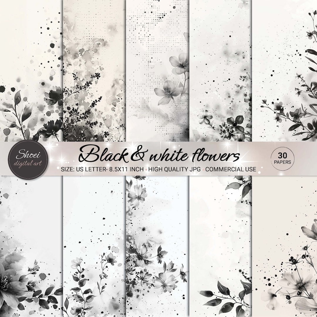 Black & White Flowers Digital Papers - 30 Elegant Monochrome Designs ...