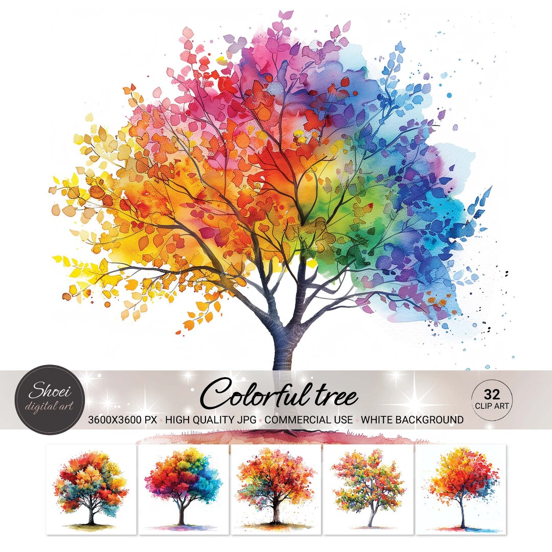 Colorful Tree Watercolor Clipart Collection 32 JPG Images for Art and ...