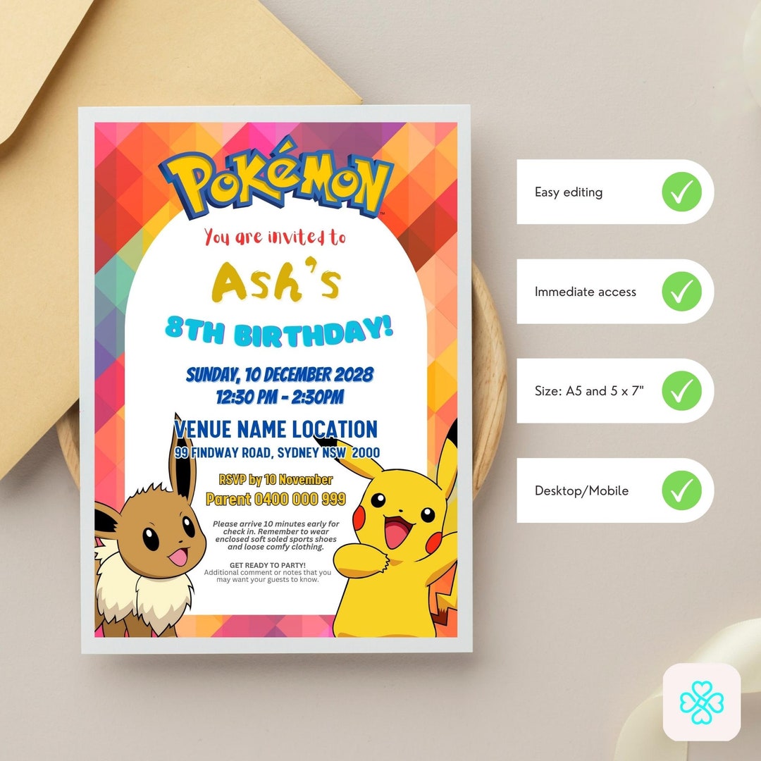 Pokemon Pikachu Eevee Card Birthday Party Invitation Premium Design ...
