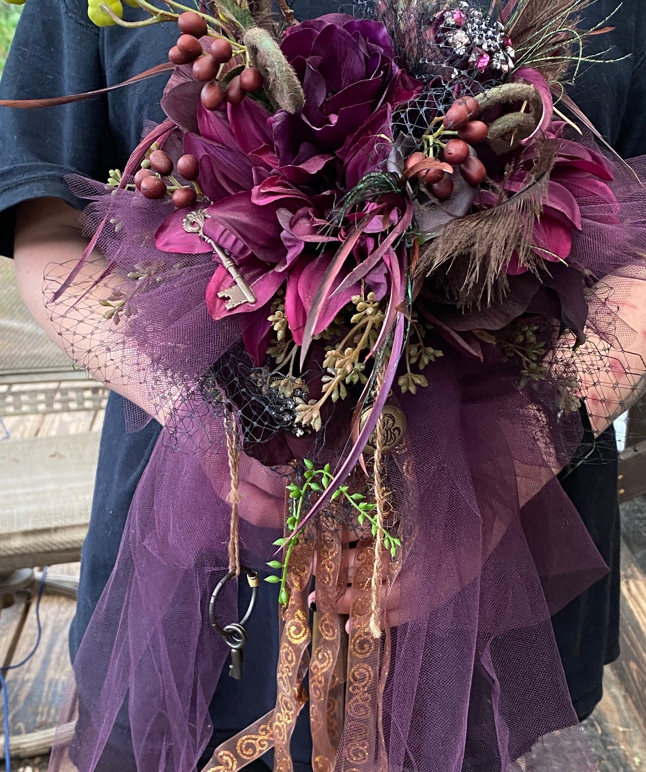 Steampunk Gothic Purple and Black Bridal Bouquet and Boutonniere With ...
