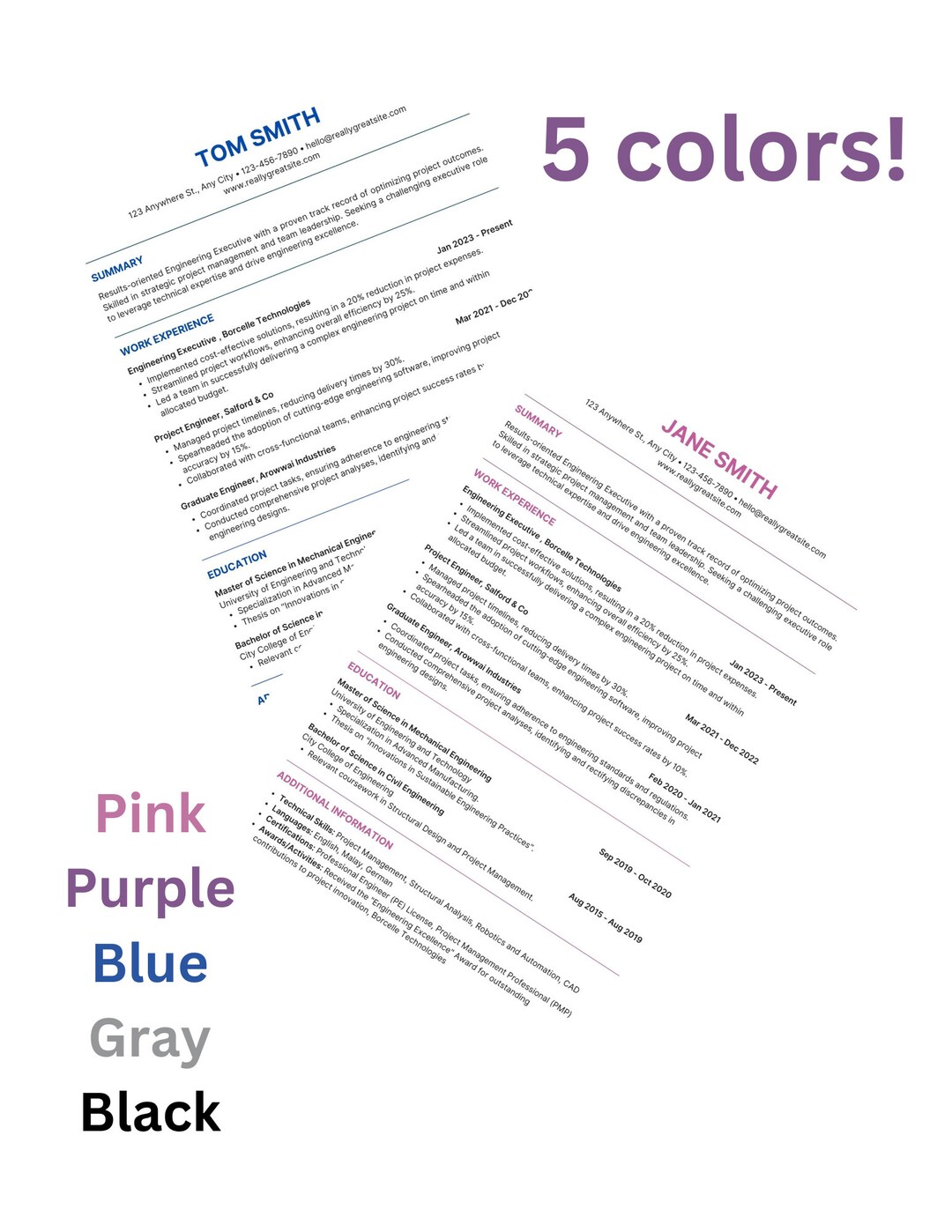 Resume Template - 5 Colors to Choose From - Editable Digital Download ...