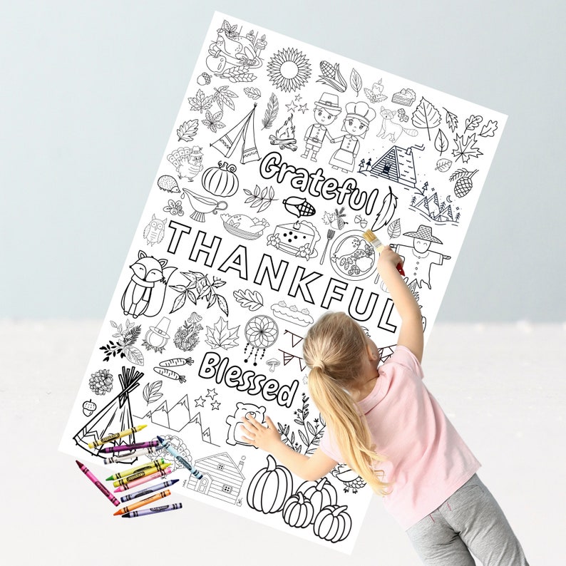 Grateful, Thankful, Blessed, BIG Coloring Poster, Gratitude Activity ...