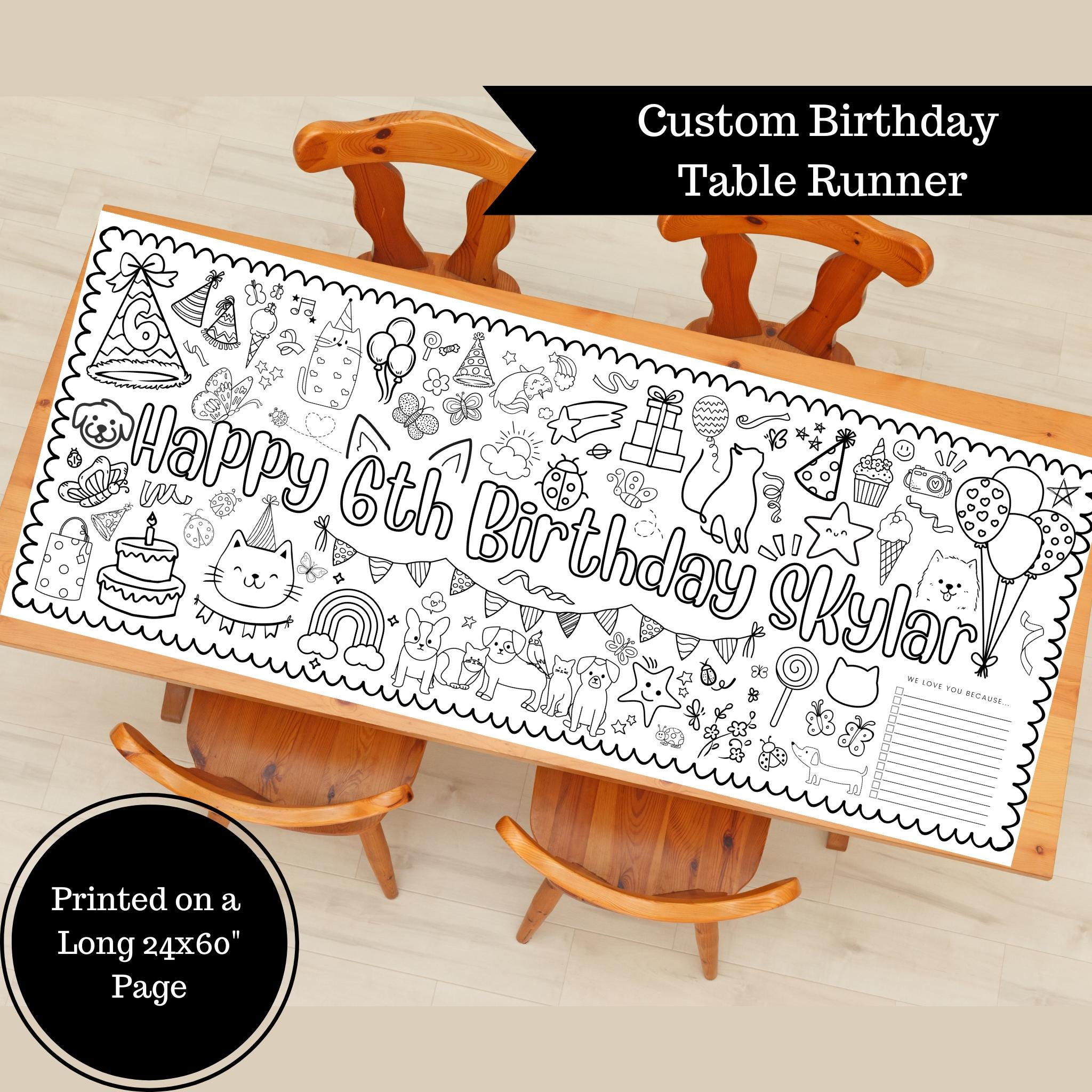 Custom Birthday Coloring Table Runner (24x60" Page): Cat, Dog ...