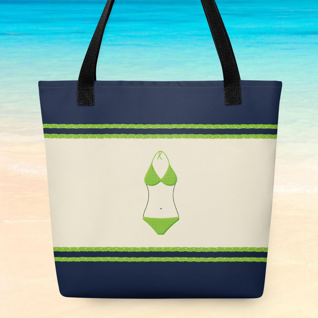 Sea Turtle Beach Tote Bag | Navy & Green Polyester Fabric - Etsy
