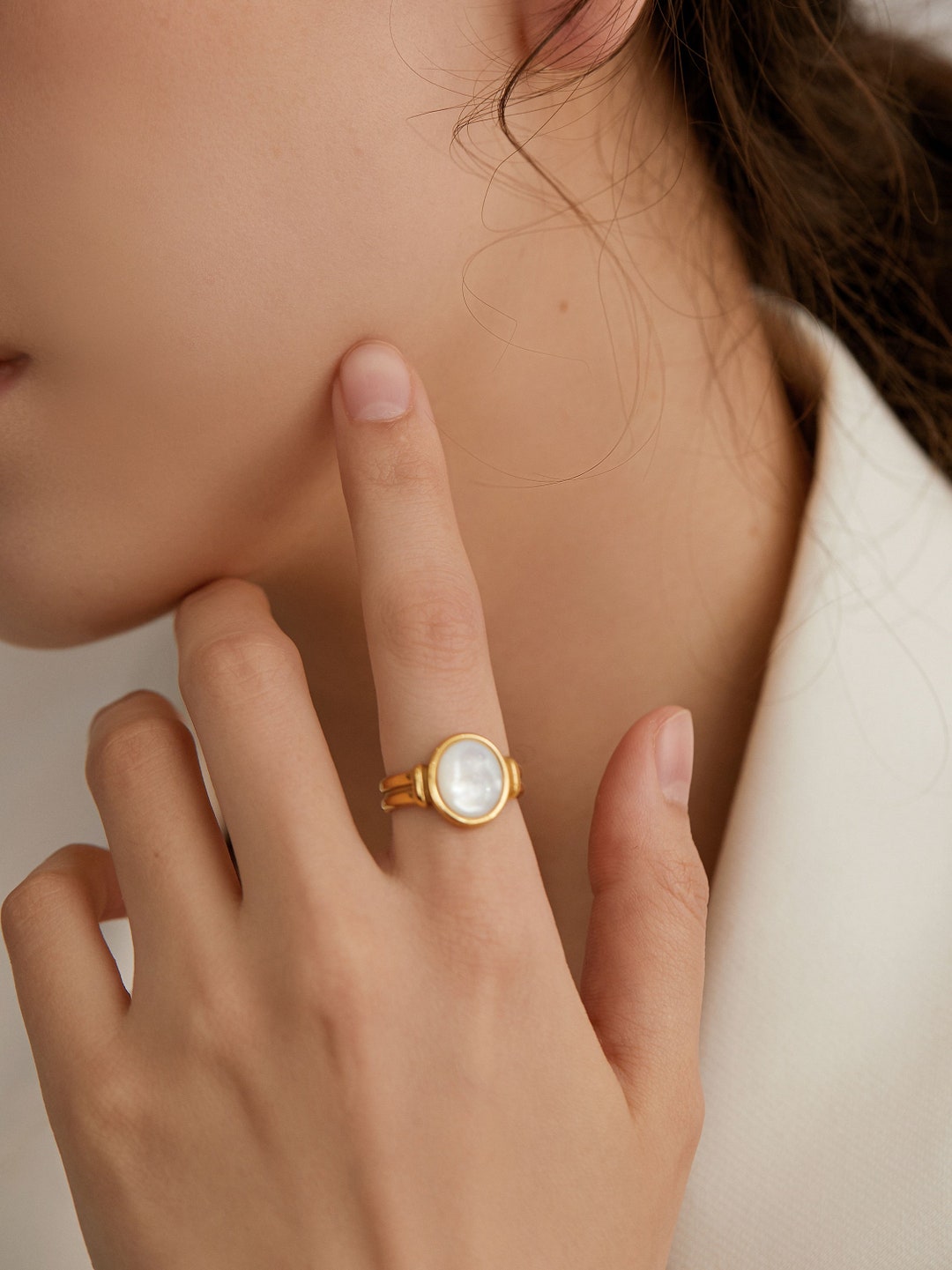 18k Gold Plated Mother of Pearl Signet Ring, Non Tarnish Gemstone Ring ...