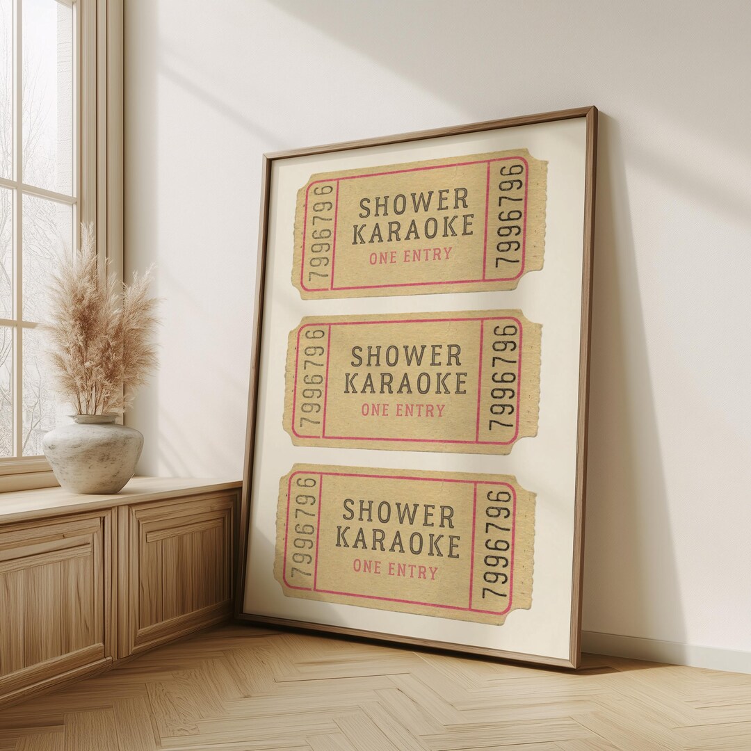 Shower Karaoke Ticket Print, Bathroom Decor Blue Cream Aesthetic ...