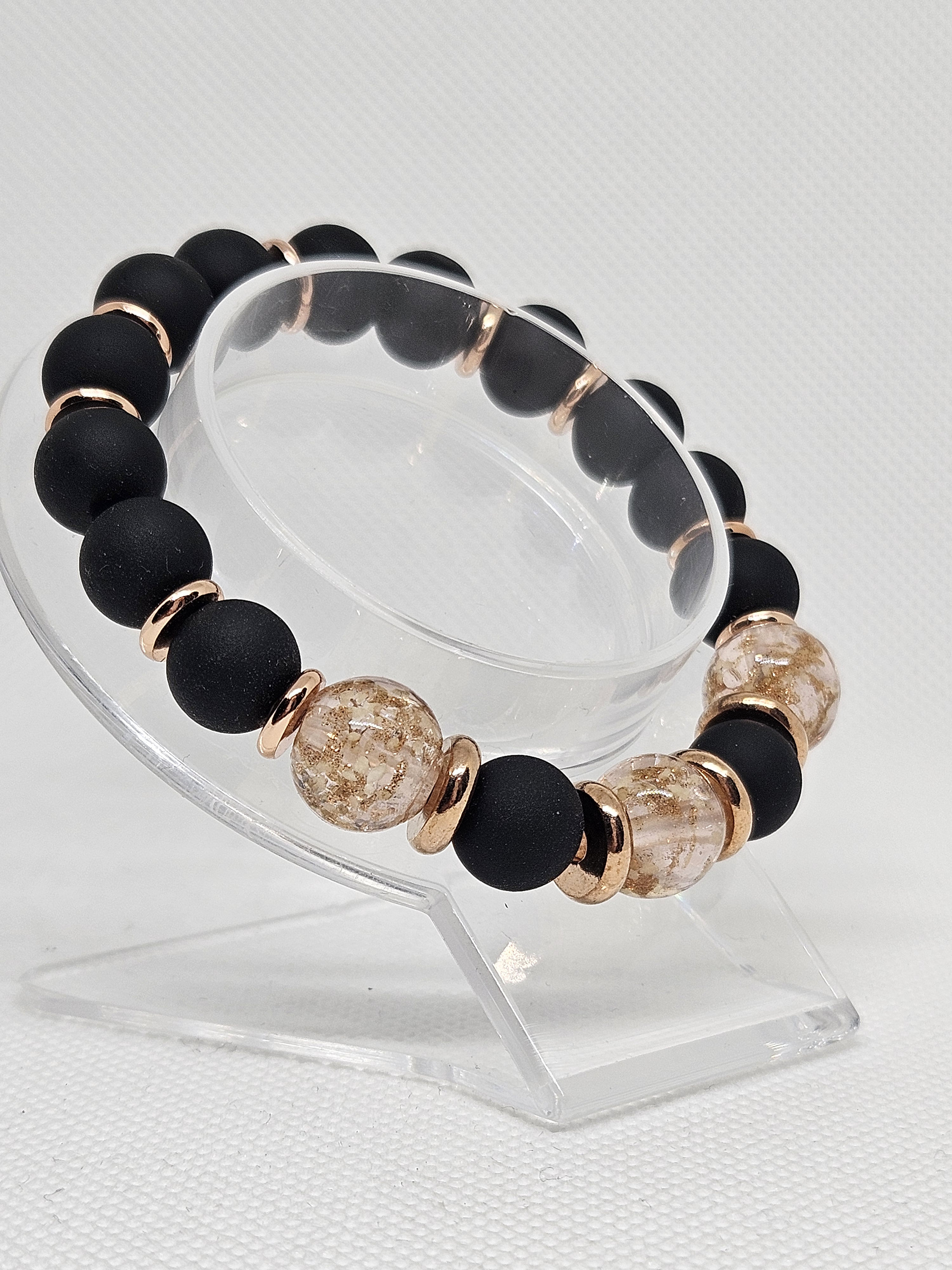 Handmade Beaded Matt Black Glass Beads Bracelet With Luminous Lampwork ...