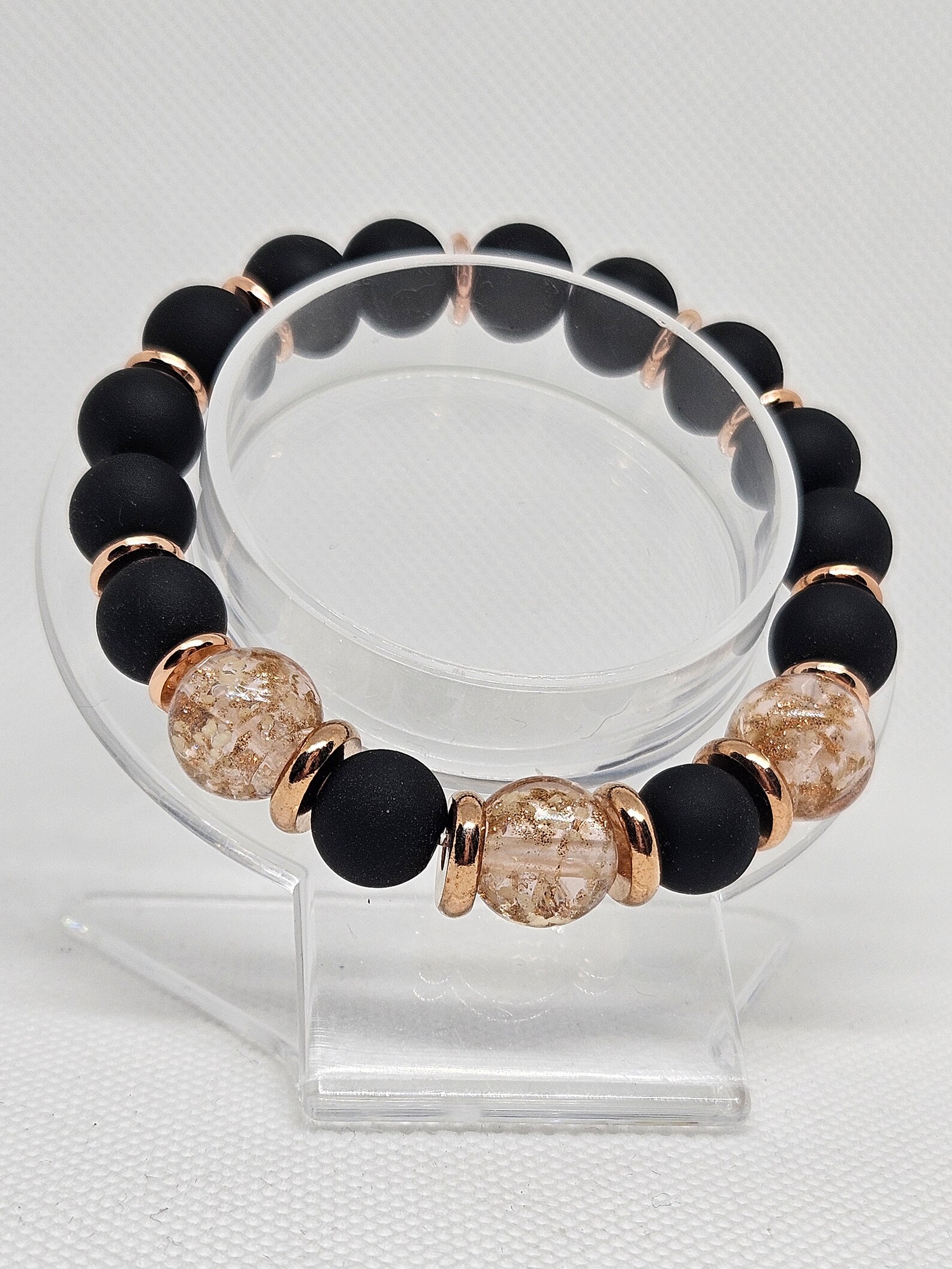 Handmade Beaded Matt Black Glass Beads Bracelet With Luminous Lampwork ...