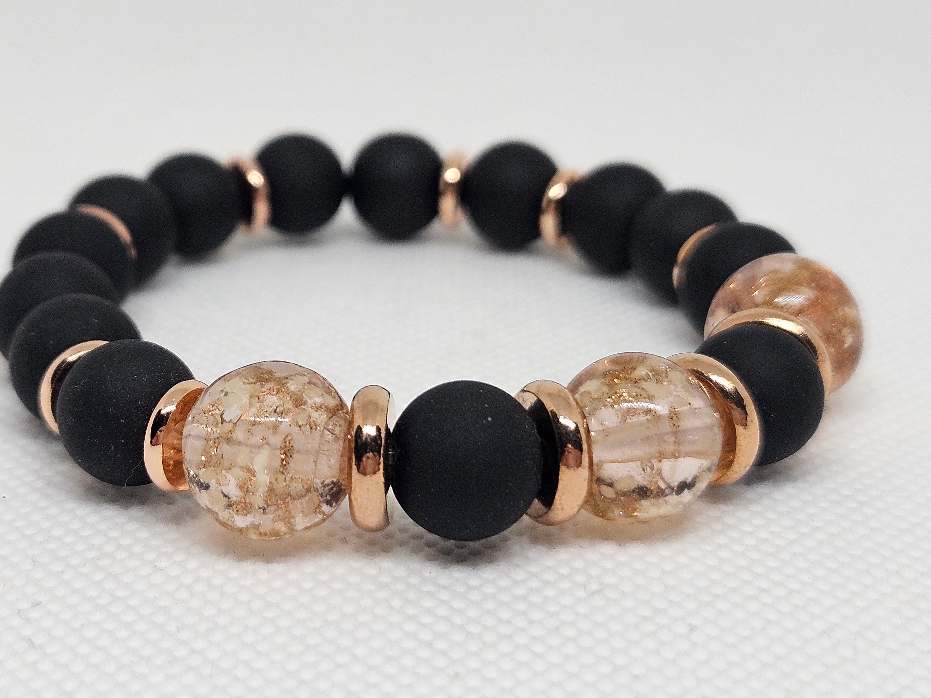 Handmade Beaded Matt Black Glass Beads Bracelet With Luminous Lampwork ...